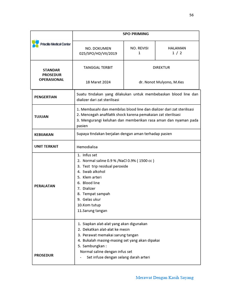 025 Spo Penatalaksanaa Priming Alat Dialisis | PDF