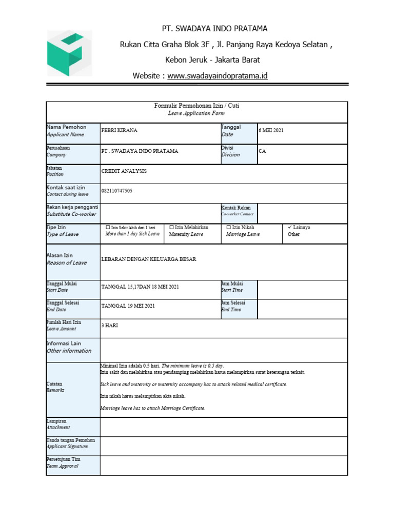 Form Izin - Cuti | PDF