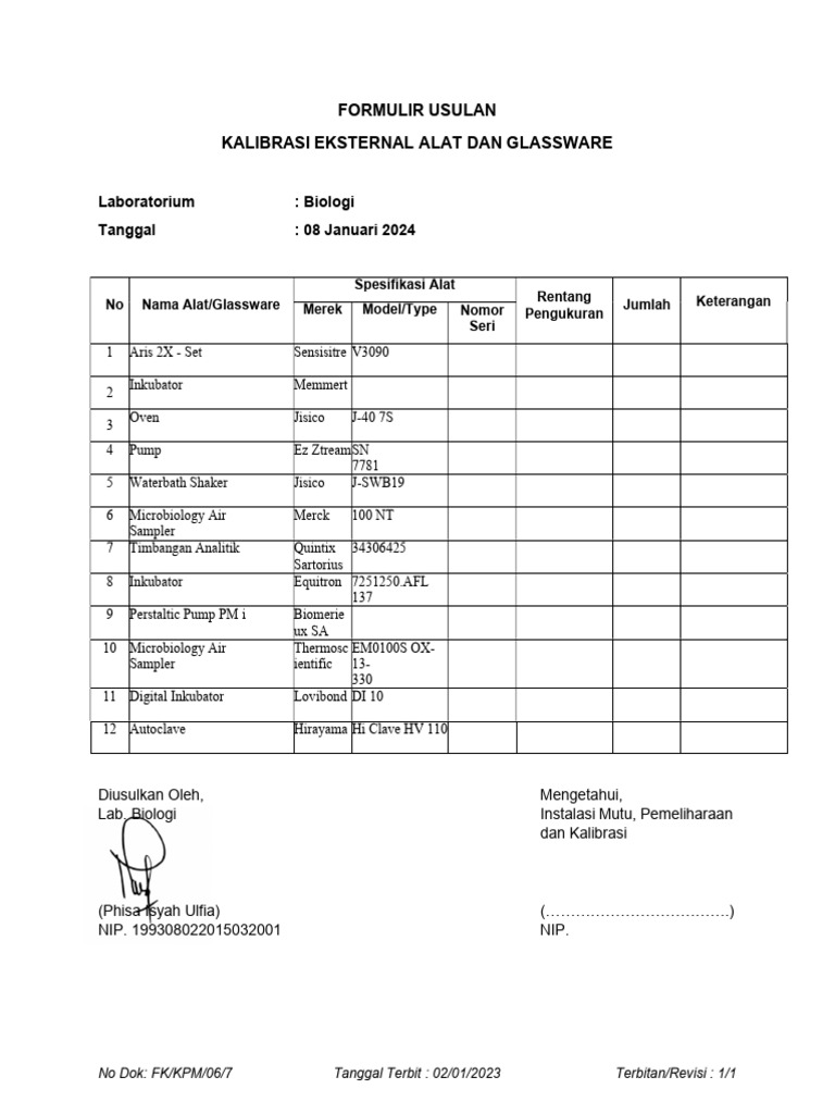 Usulan Kalibrasi Alat Laboratorium Biologi | PDF