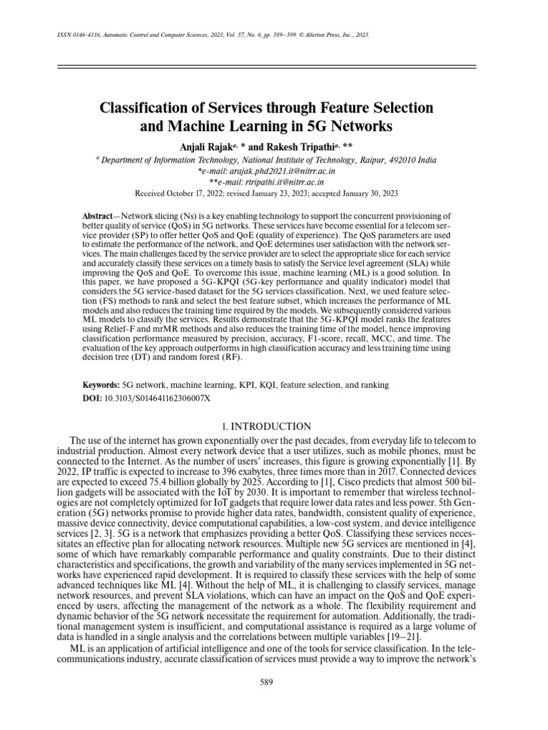 Classification of Services Through Feature Selection and Machine Learning in 5G Networks | PDF ...