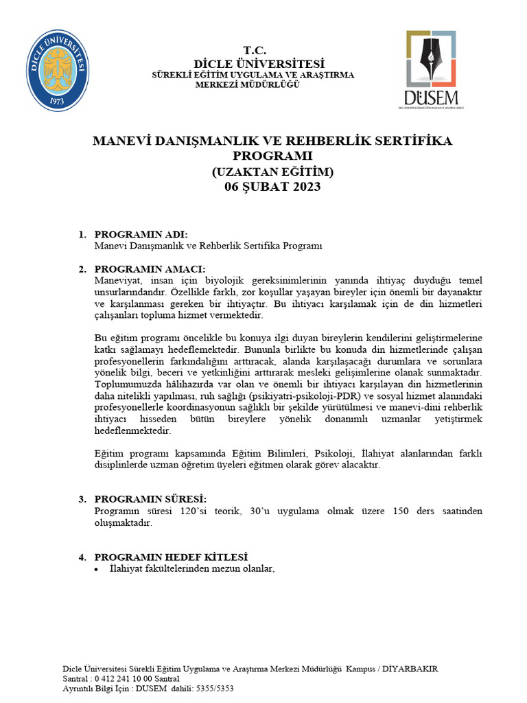 Manevi̇ Danişmanlik Ve Rehberli̇k Eği̇ti̇mi̇ Serti̇fi̇ka Programi (2023) | PDF