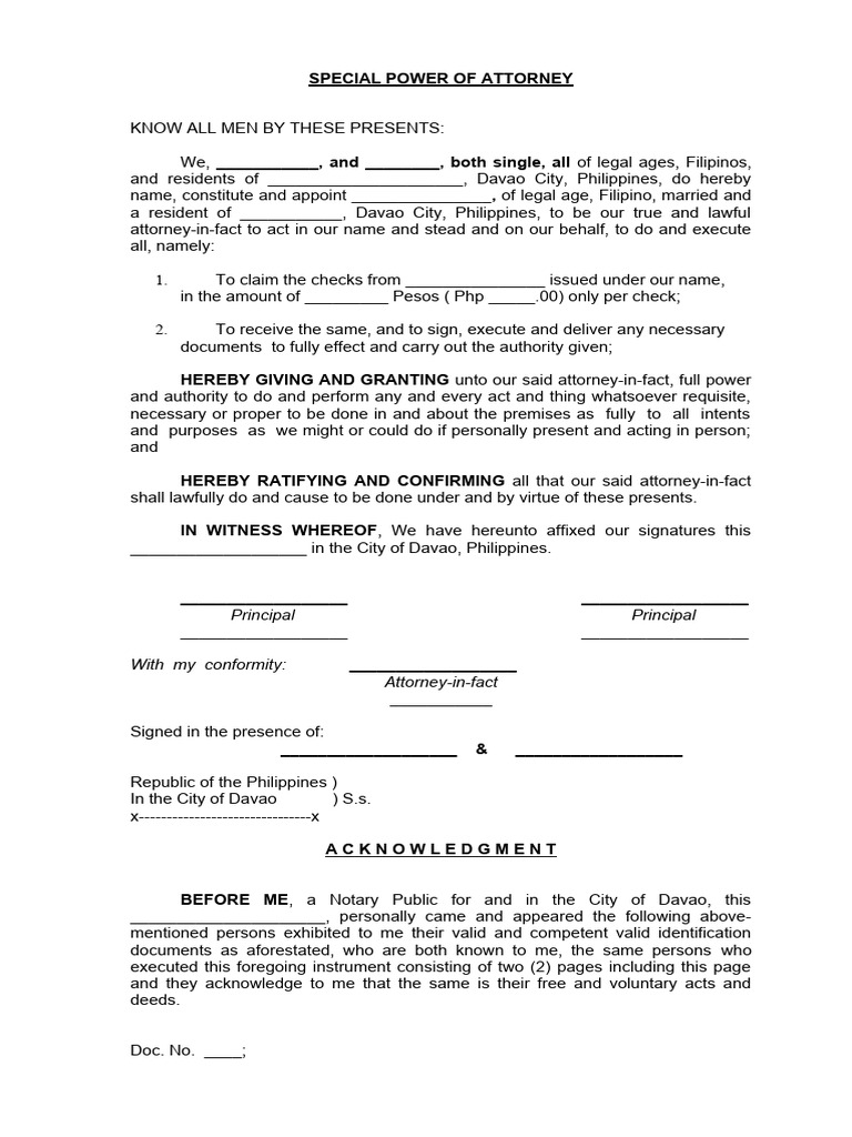 SPECIAL POWER OF ATTORNEY To Claim Check-Blank | PDF | Power Of ...
