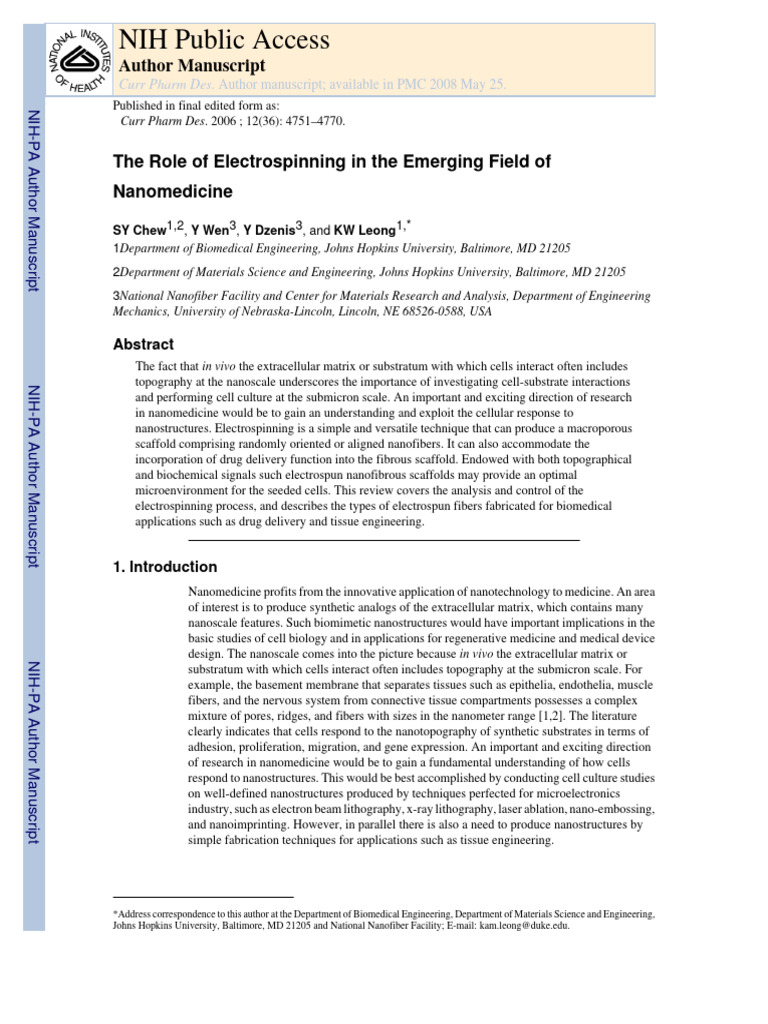 The Role of Electrospinning in The Emerging Field of Nanomedicine | PDF | Tissue Engineering ...
