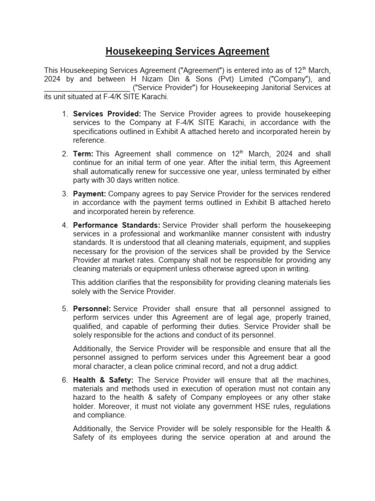 Housekeeping Services Agreement | PDF | Confidentiality | Common Law