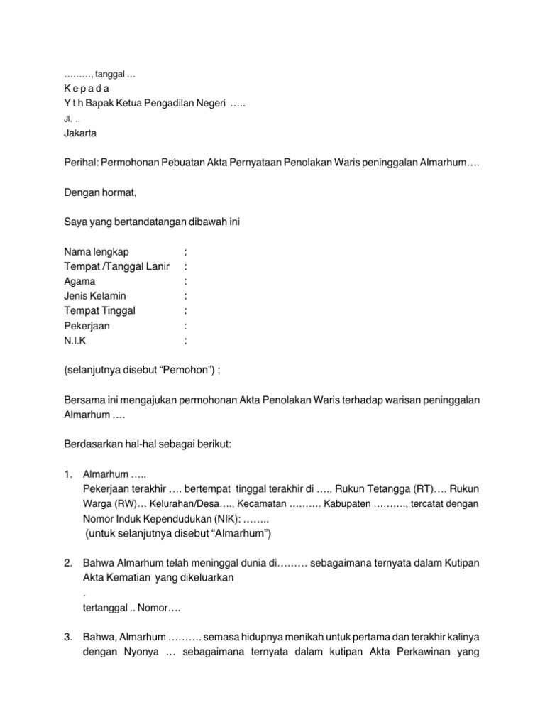 Permohonan Penolakan Warisan Ke PN | PDF