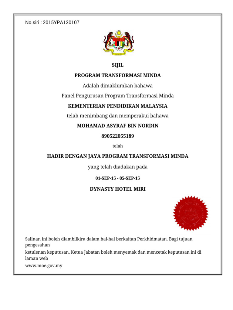 Sijil Program Transformasi Minda: No - Siri: 2015YPA120107 | PDF