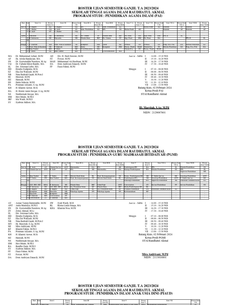 Roster Ujian Semester Ganjil Februari T.A 2023-2024 | PDF