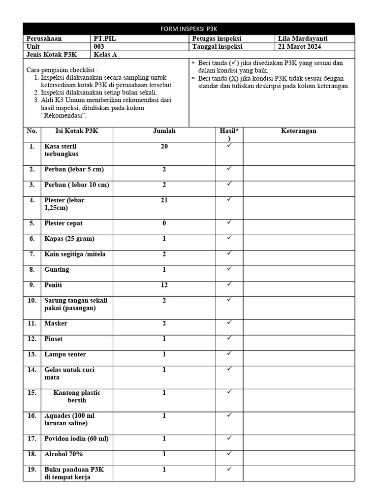 4. Form Inspeksi P3K | PDF