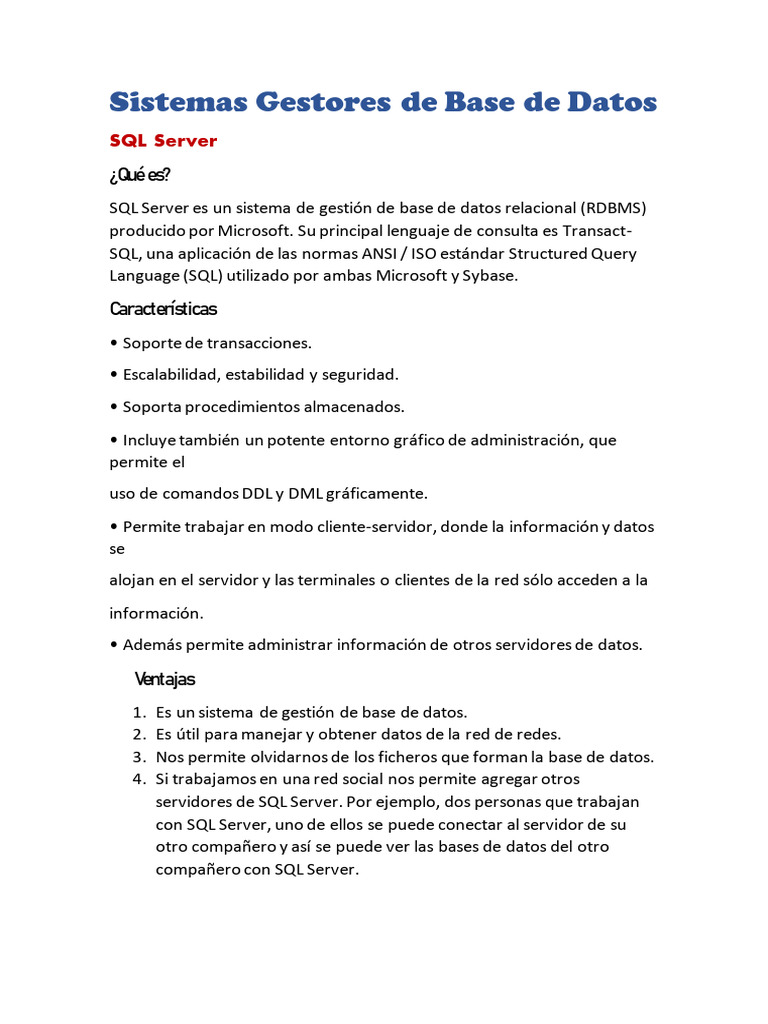 Caracteristicas de Los Sistemas Gestores de Base de Datos | PDF | SQL | Servidor SQL de Microsoft
