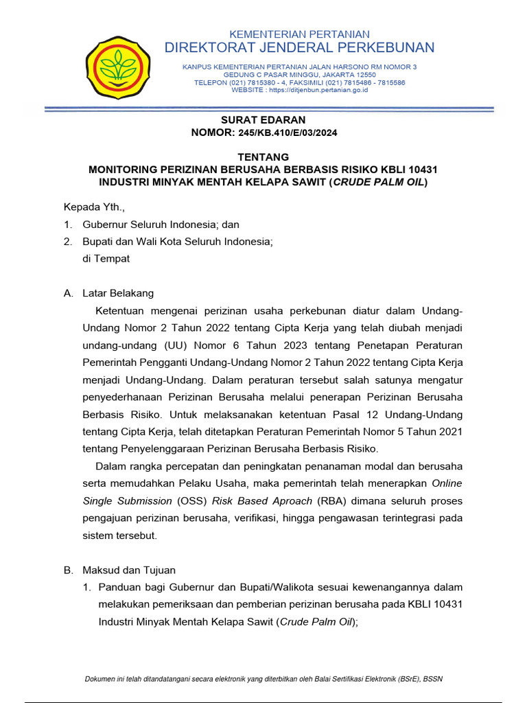 Surat Edaran Dirjen - Monitoring Perizinan KBLI 1043 | PDF