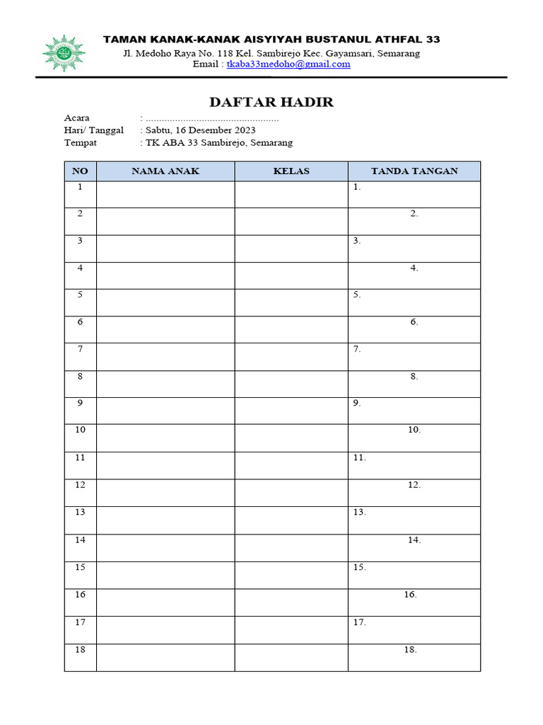 Daftar Hadir Acara TK ABA 33 | PDF
