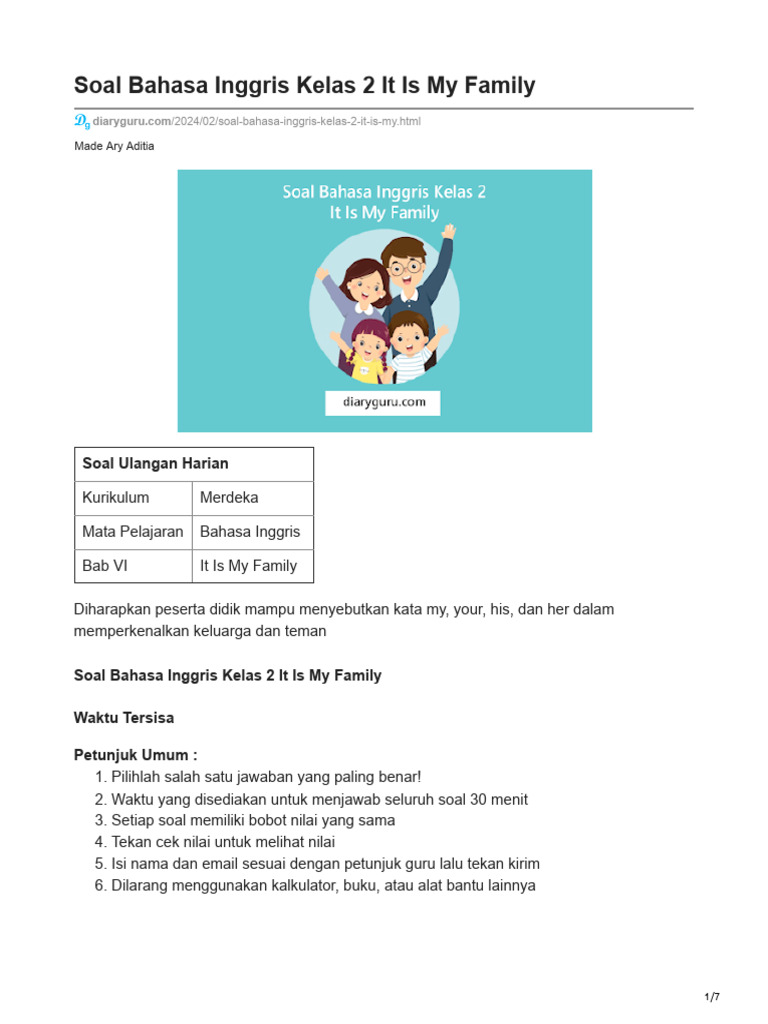 Soal Bahasa Inggris: My Family Kelas 2 | PDF