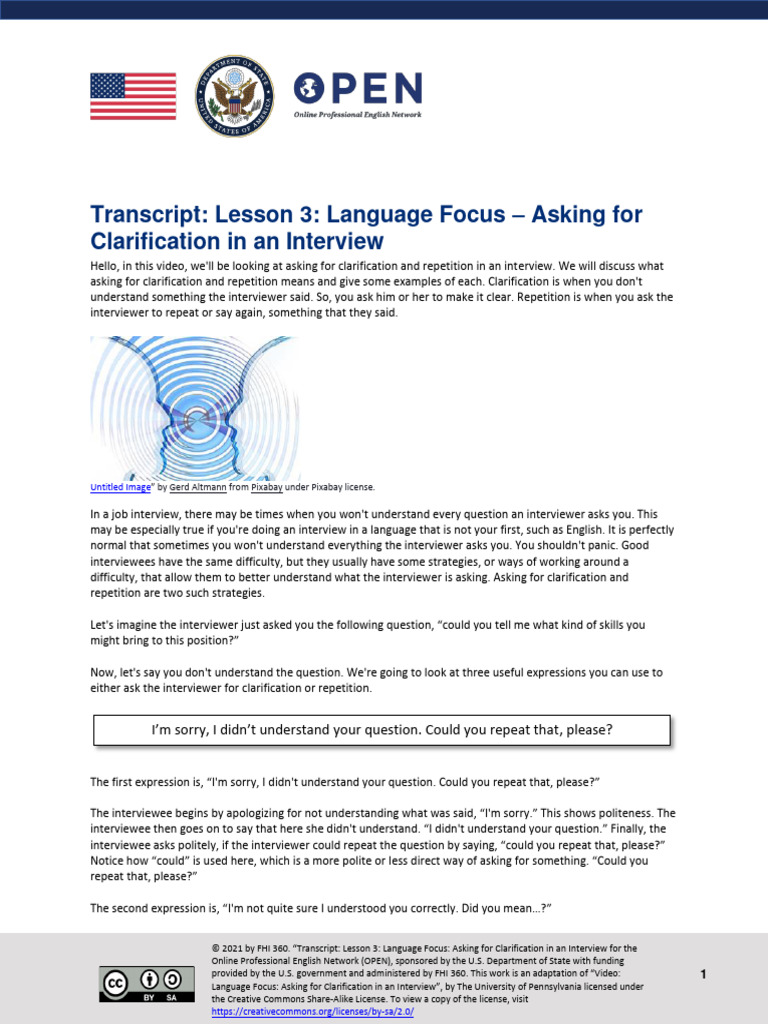 Transcript Lesson 3 Language Focus Asking for Clarification | PDF
