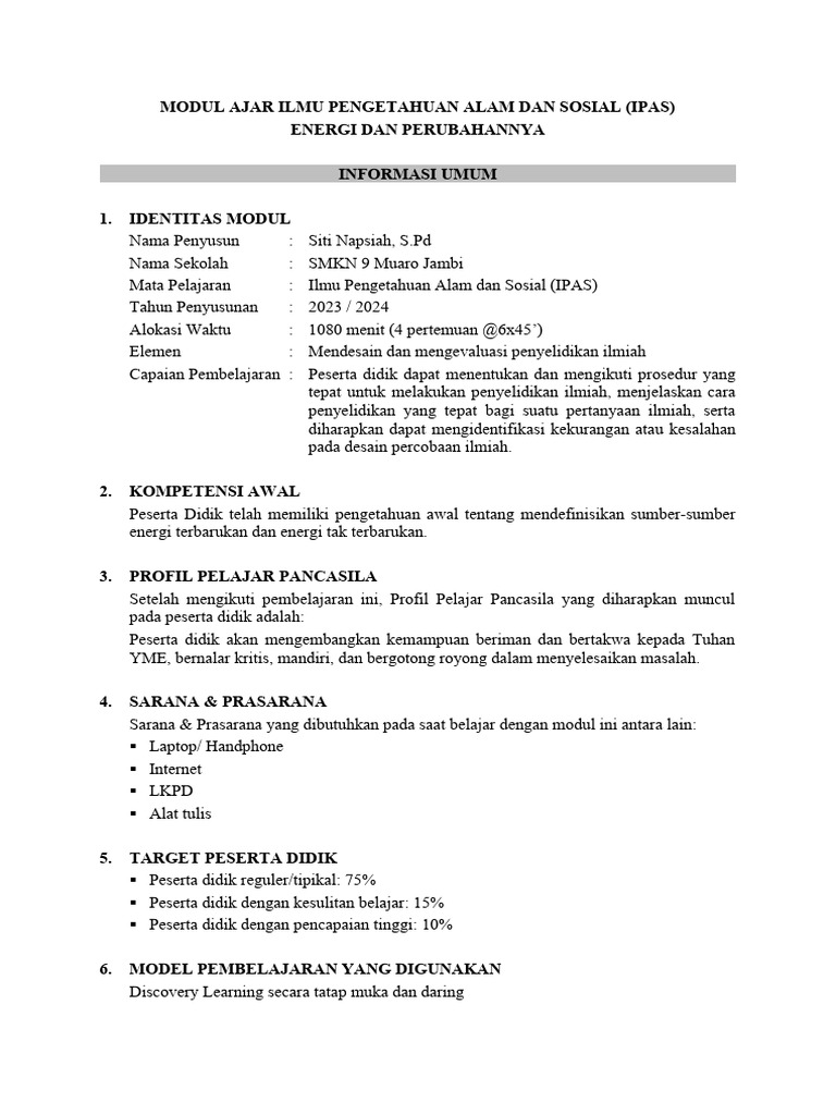 Modul IPAS E - Energi Dan Perubahannya | PDF | Karier & Perkembangan