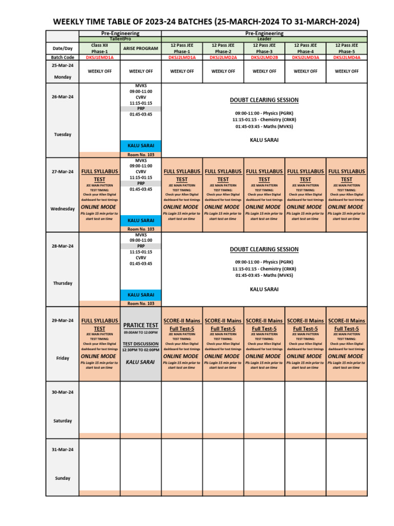 Weekly Timetable for JEE/NEET (Mar 2024) | PDF | Workweek And Weekend ...