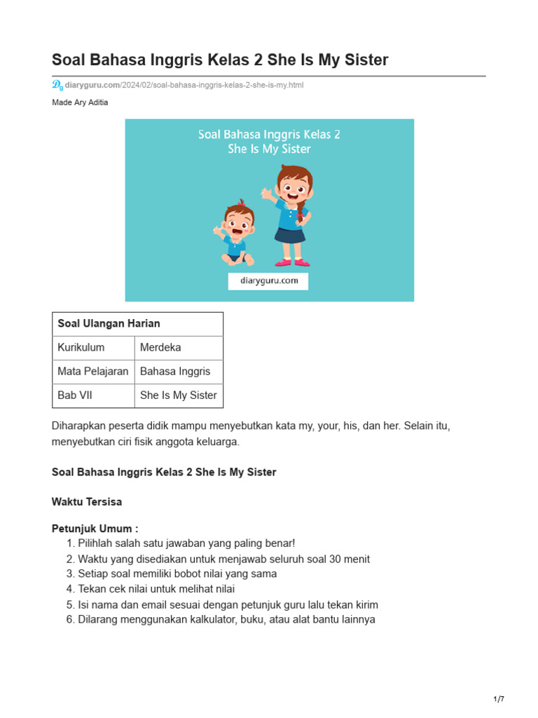 diaryguru.com-Soal Bahasa Inggris Kelas 2 She Is My Sister | PDF