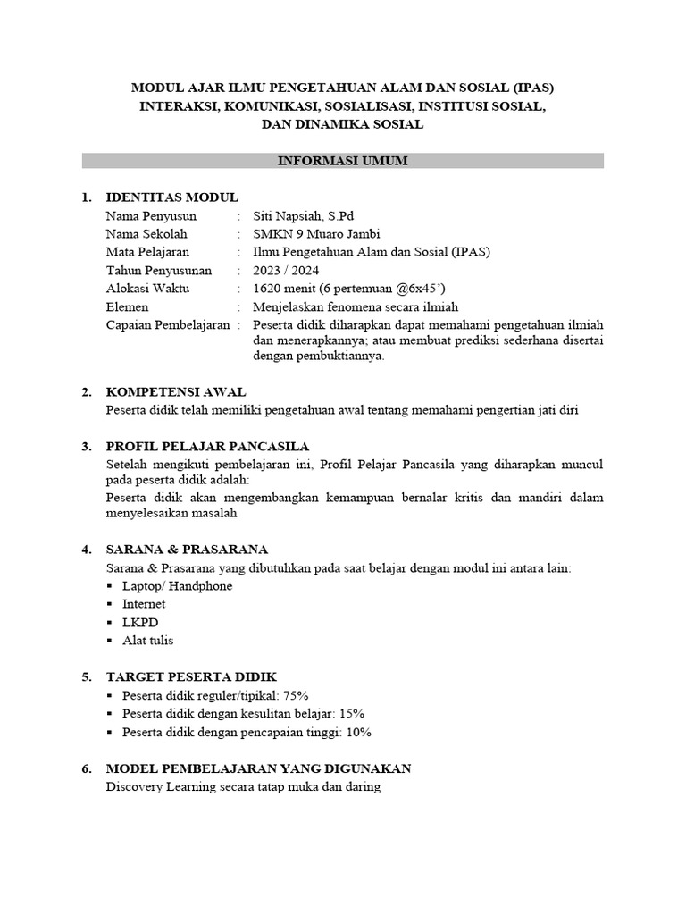 Modul IPAS E - Interaksi, Komunikasi, Sosialisasi, Institusi Sosial ...