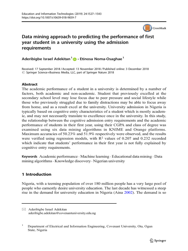 Data Mining Approach To Predicting The Performance of First Year Student in A University Using ...