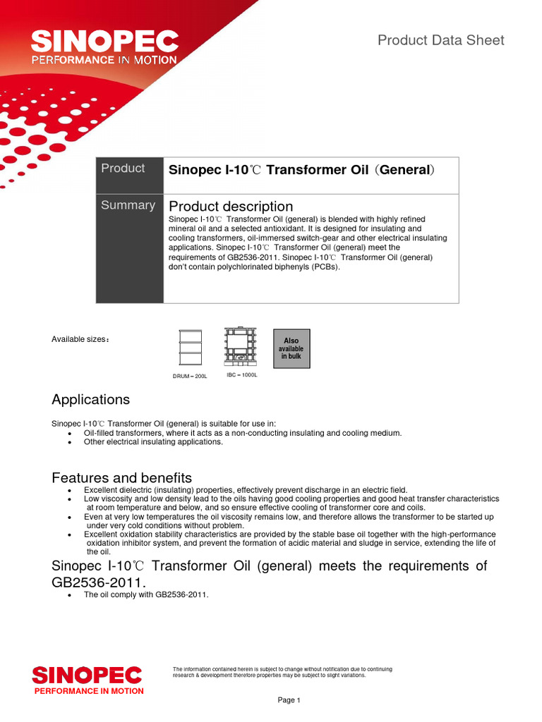 Sinopec I-10 Transformer Oil (General) | PDF