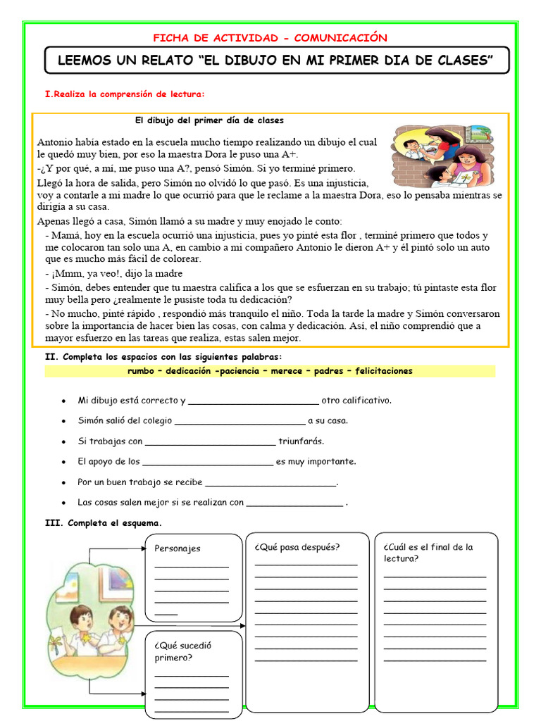 Ficha-Mierc-Com - Leemos Un Relato "El Dibujo en Mi Primer Dia de ...