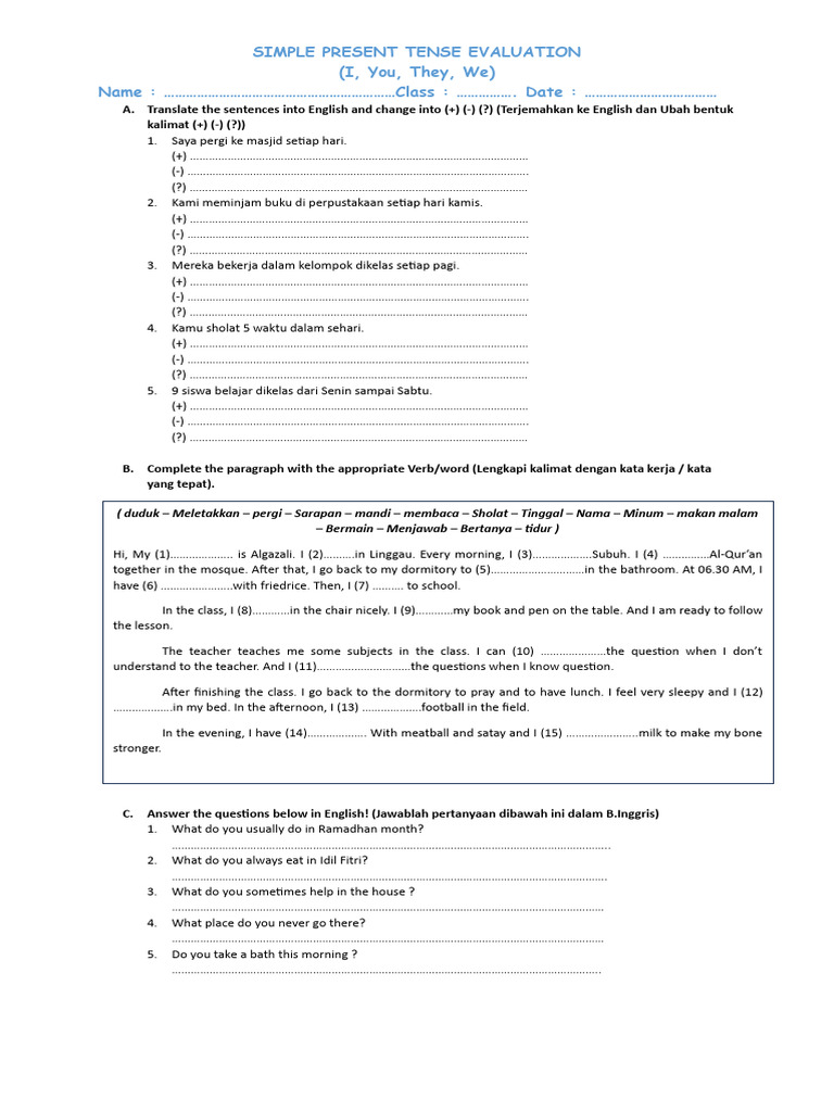 evaluation of Simple present tense 9A | PDF | Language Families | Linguistic Typology