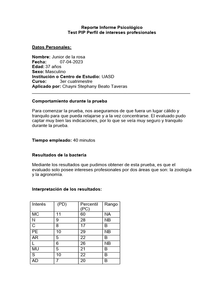 Reporte Del Test Pip | PDF