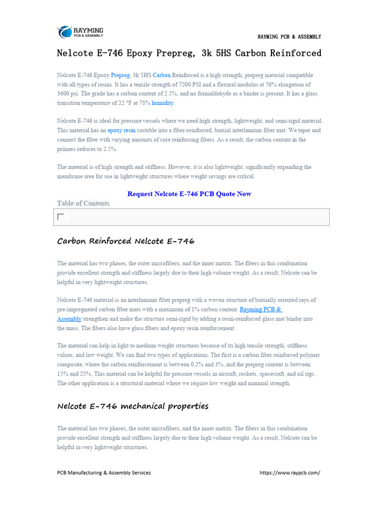 Nelcote E-746 Epoxy Prepreg, 3k 5HS Carbon Reinforced | PDF | Printed ...