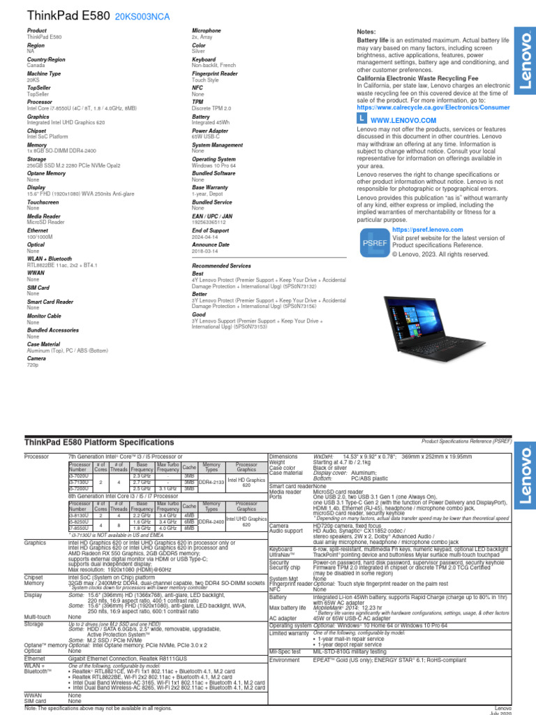 ThinkPad E580 Specifications Overview | PDF | Hdmi | Usb
