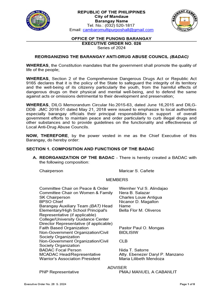 Eo 2024-26 Template-For-Badac | PDF | Drug Rehabilitation | Psychoactive Drugs