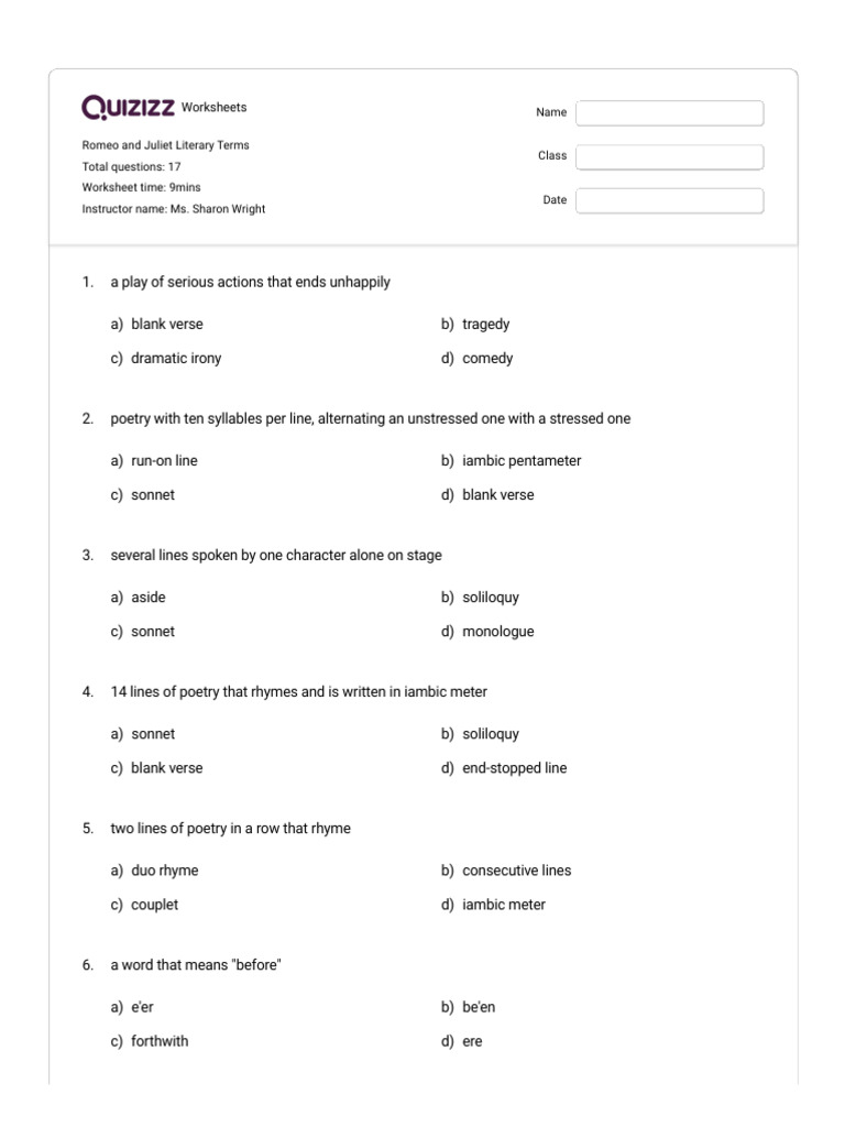 Romeo and Juliet Terms Quiz | PDF | Poetry | Metre (Poetry)