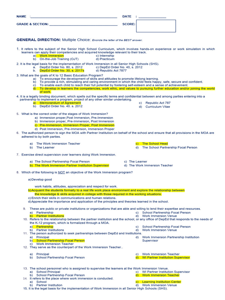 1st Quarter Exam For 2nd Semester Work Immersion | PDF | Learning ...