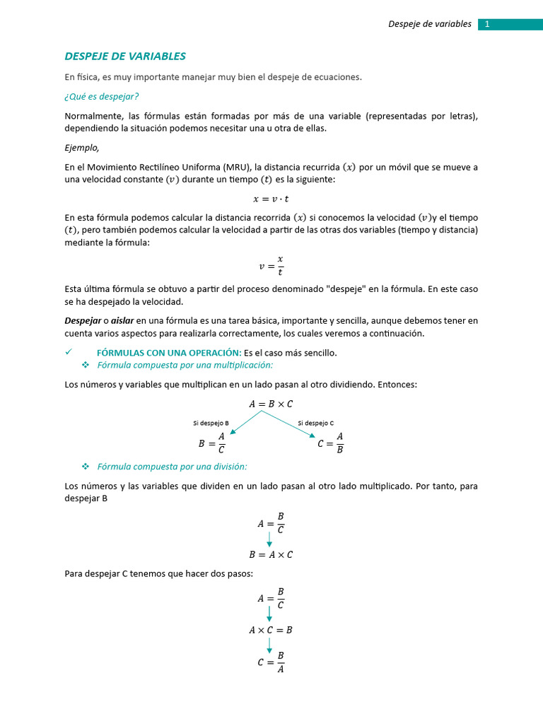 Despeje de Variables | PDF | Multiplicación | Física