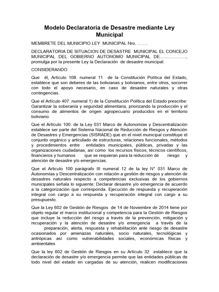 5 Modelo Declaratoria de Desastre Mediante Ley Municipal | PDF | Derecho