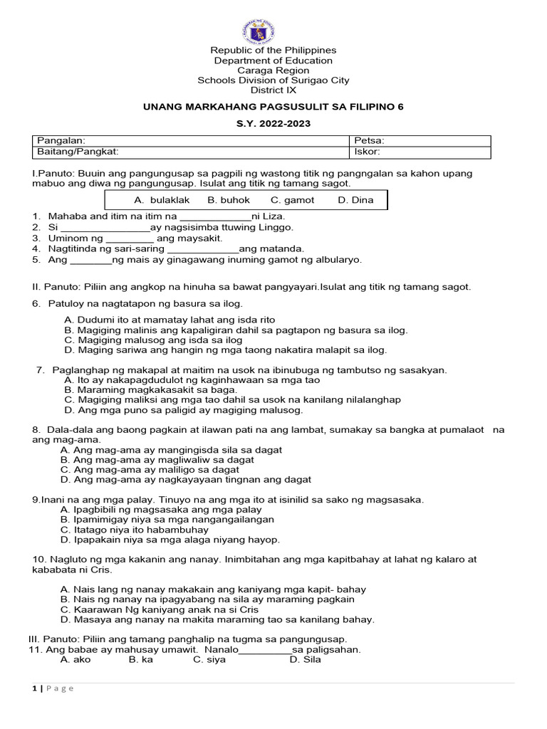 Final - Filipino 6 - Q1 TEST-QUESTIONS With TOS-SY - 22-23 | PDF