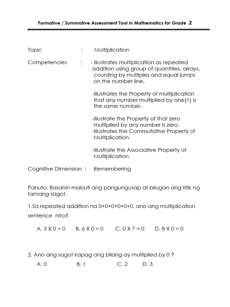 Assessment Tool in Multiplication For Grade Two | PDF