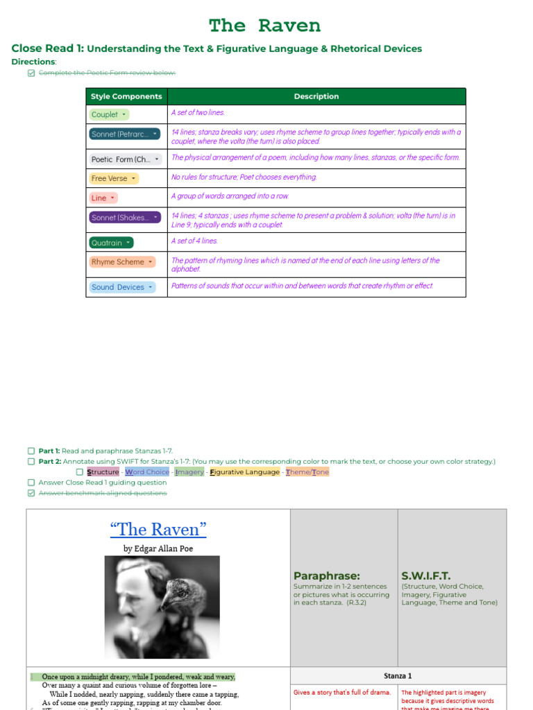 Copy of 7 “the Raven” by Edgar Allan Poe Close Read 1 | PDF | Poetry | The Raven