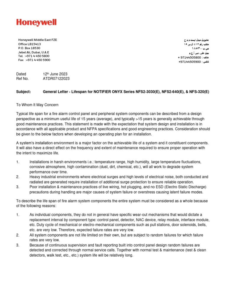 ATDR07122023 - General Letter - Lifespan For NOTIFIER ONYX Series | PDF ...
