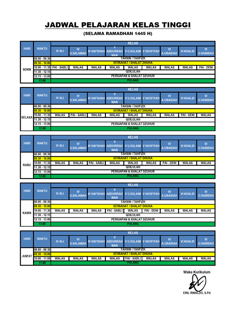 Jadwal Pelajaran 2023-2024 (Ramadhan 1445) KT | PDF