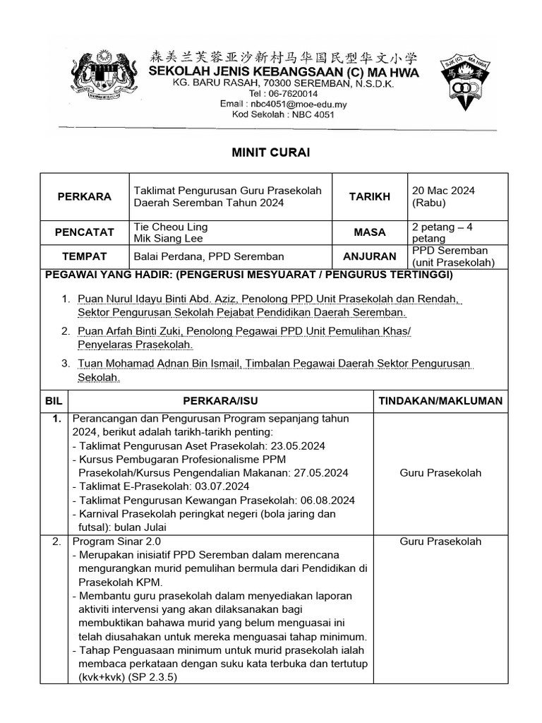 Minit Curai (Taklimat Pengurusan Prasekolah 20 Mac 2024) | PDF