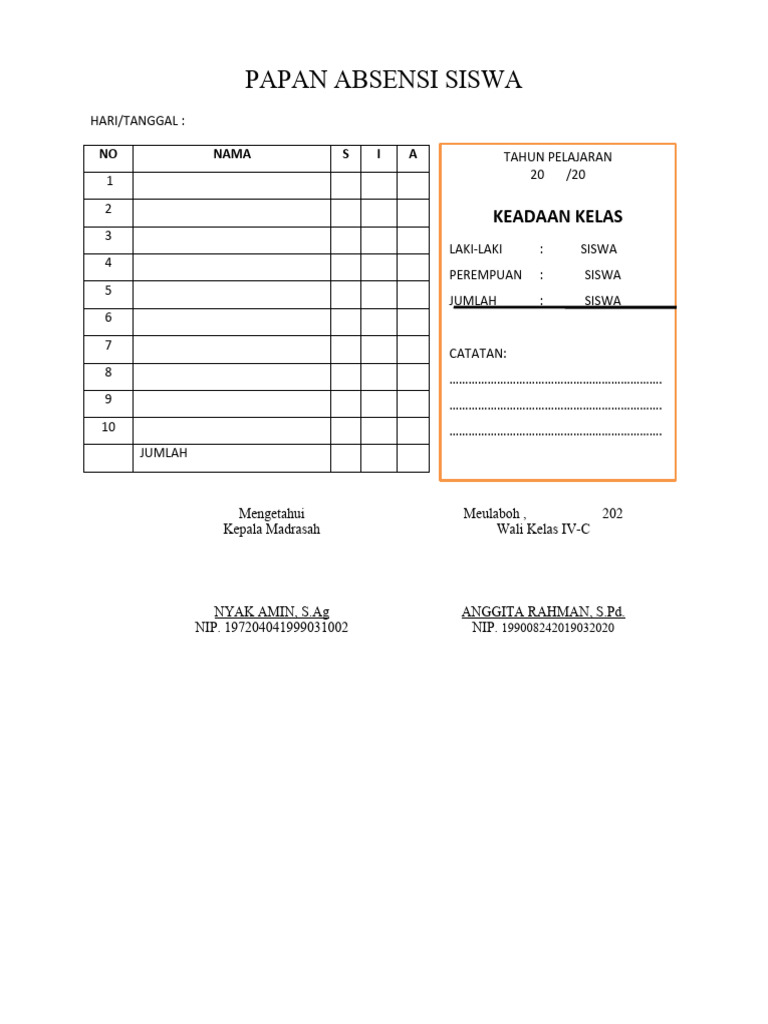 04. PAPAN ABSENSI SISWA | PDF