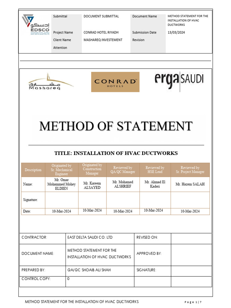 Method of Statement For Installation of Hvac System | Download Free PDF ...