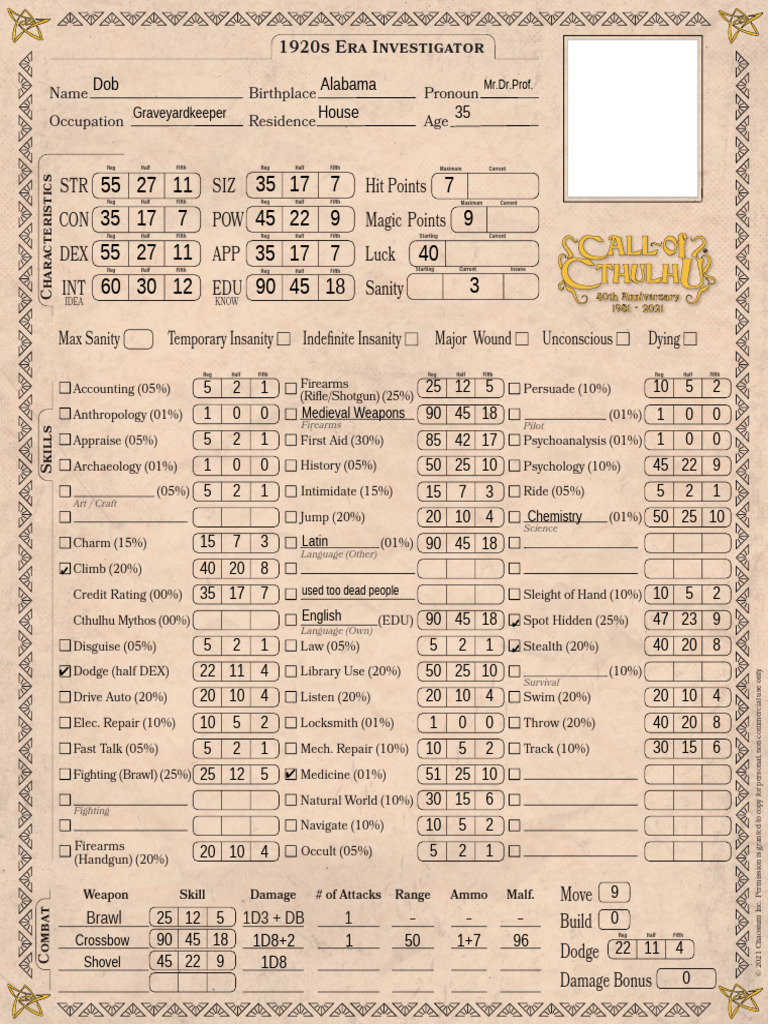 1920s Investigator Skills and Stats Guide | PDF
