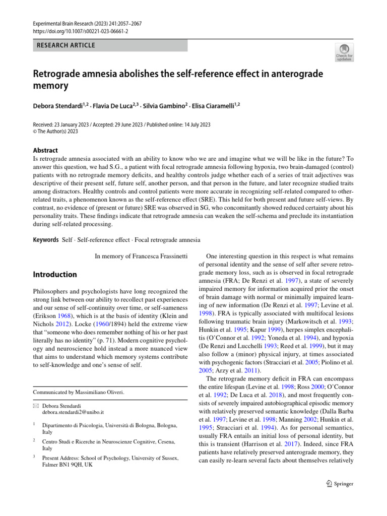 Retrograde Amnesia Abolishes The Self Reference Effect in Anterograde Memory | Download Free PDF ...