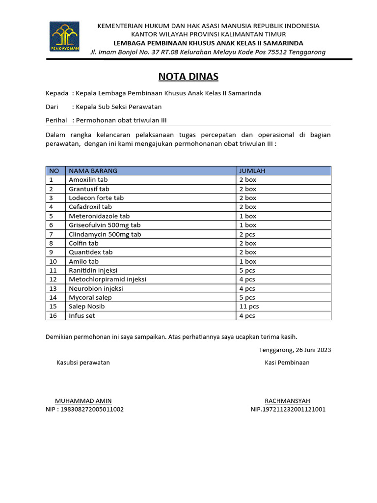 Nota Dinas Permintaan Obat Triwulan I-IV | PDF