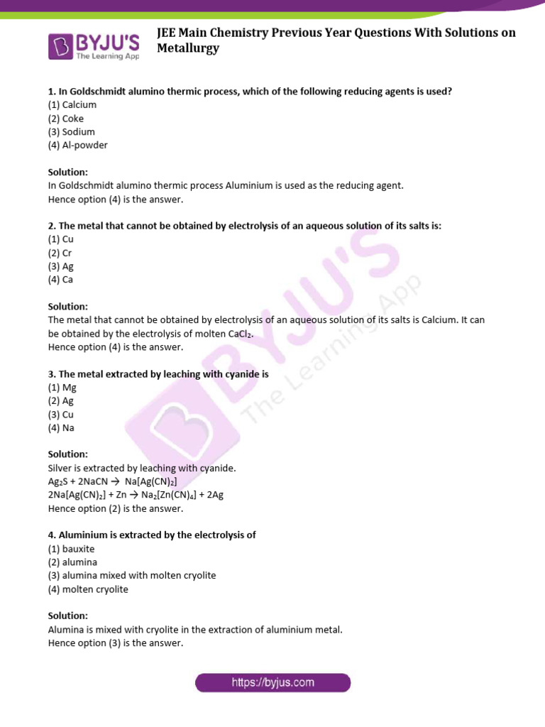 JEE Main Chemistry Previous Year Questions With Solutions On Metallurgy | PDF | Hydroxide ...
