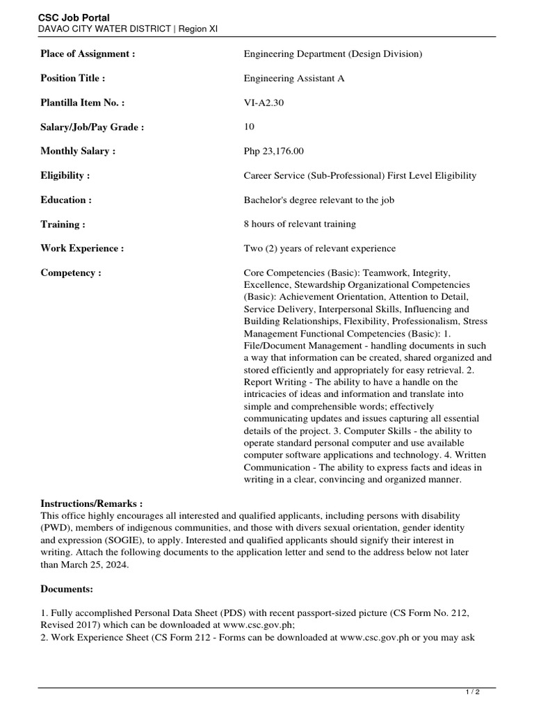 DAVAO_CITY_WATER_DISTRICT-Engineering_Assistant_A | PDF | Computing