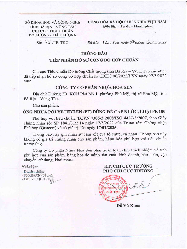 4. Công bố hợp chuẩn ống HDPE TCVN 7305 | PDF