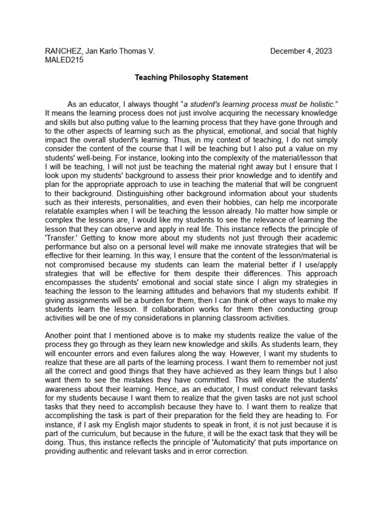 Teaching Philosophy Statement | PDF | Learning | Knowledge