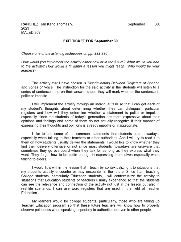 Exit Ticket For Sep. 30 | PDF | Thought | Teachers