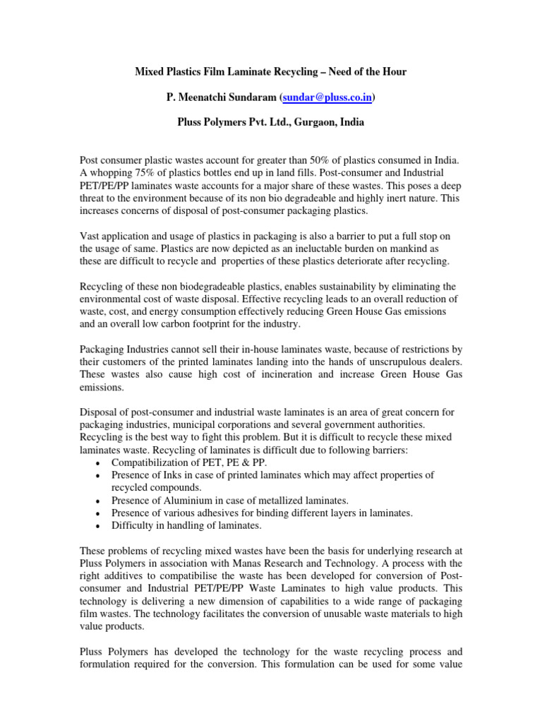Mixed Plastics Film Laminate Recycling - Need of The Hour | PDF | Recycling | Plastic